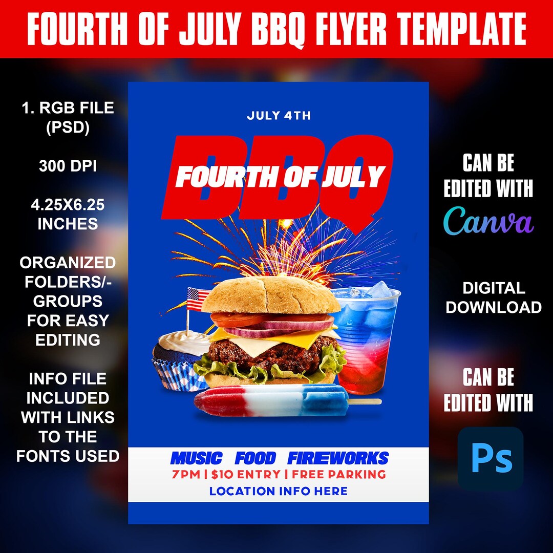Fourth of July Bbq Flyer 4x6 - RGB Canva / Photoshop Editable Flyer ...