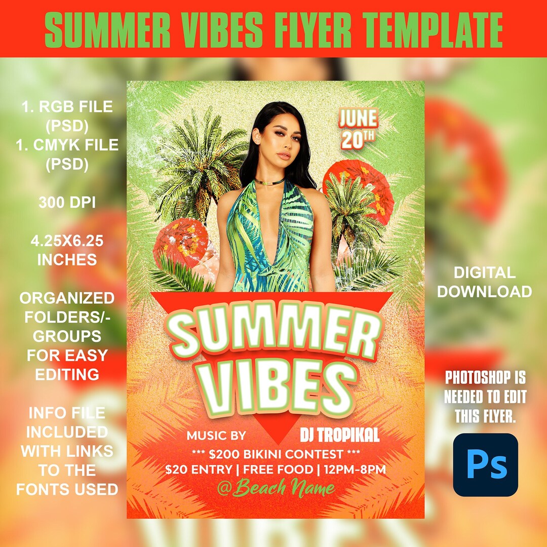 Summer Vibes Flyer 4x6 - RGB & CMYK - Adobe Photoshop PSD Editable ...