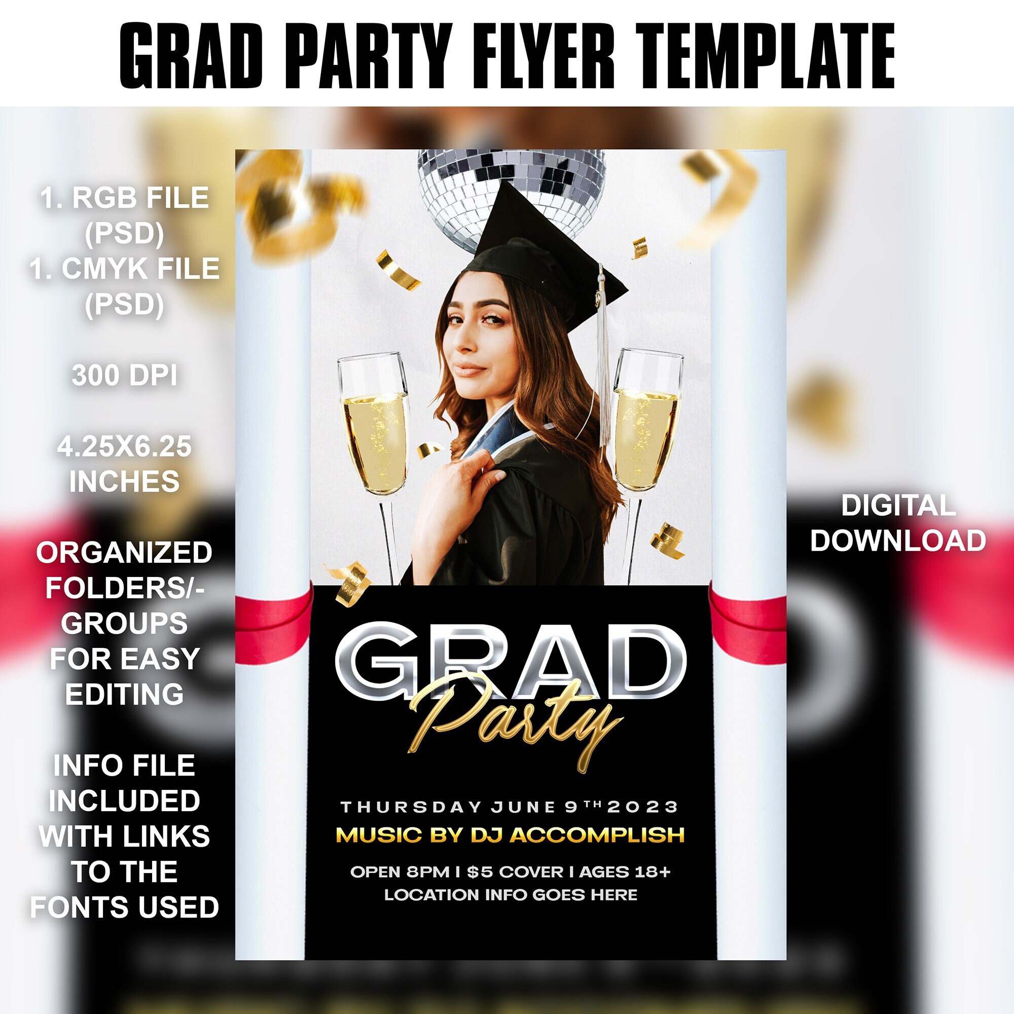 Grad Party Flyer - 4x6 - RGB & CMYK - Adobe Photoshop PSD Editable ...