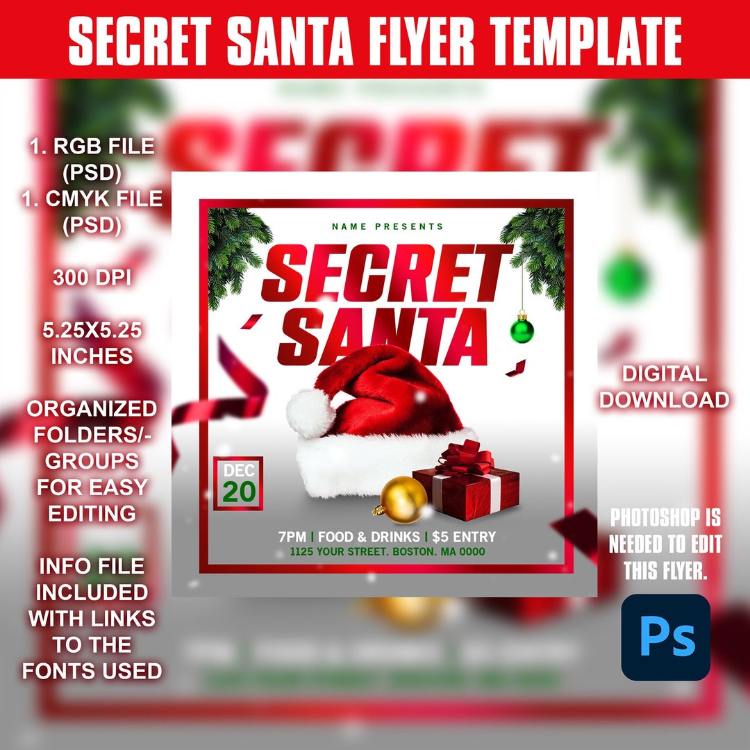 Secret Santa Flyer Template - 5x5 - RGB & CMYK - Adobe Photoshop PSD ...