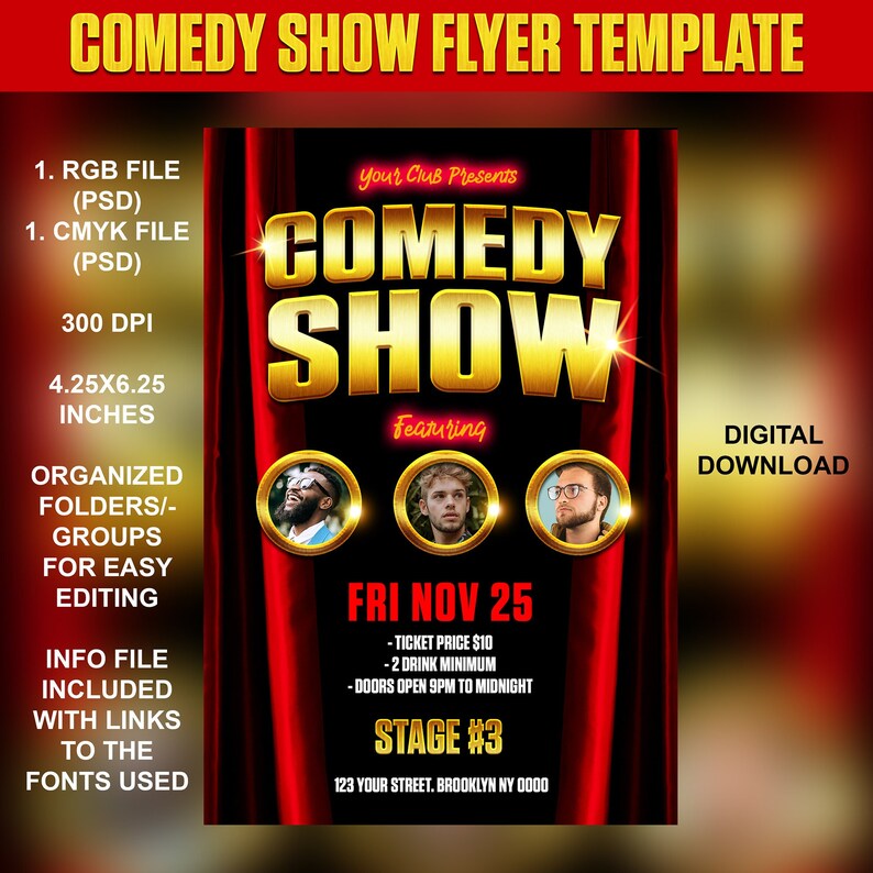 Comedy Show Flyer Template - 4x6 - RGB & CMYK - Adobe Photoshop PSD ...