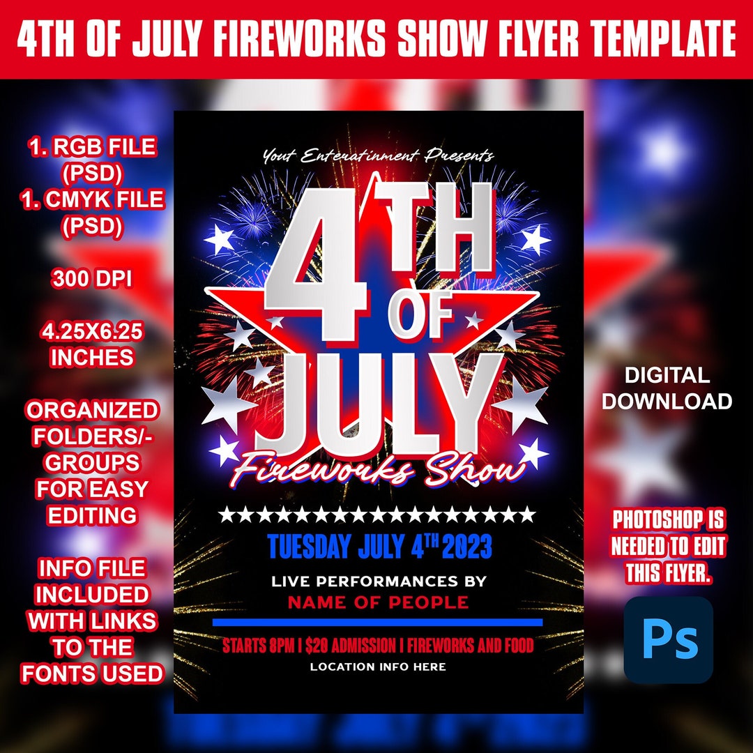 4th of July Fireworks Show Flyer 4x6 RGB & CMYK Adobe Photoshop PSD ...