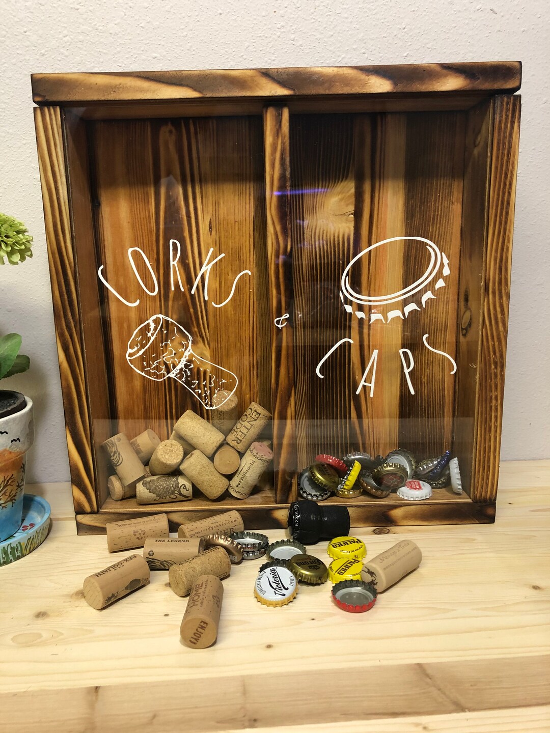 Rustic Cork and Cap Shadow Box: Handmade Pine Wood Display - Etsy