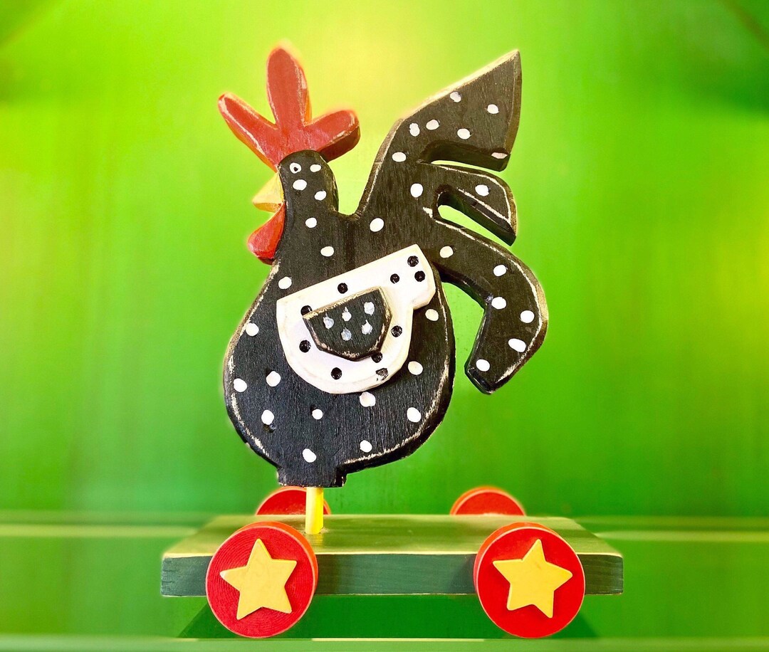 Vintage Rooster Wood Sculpture on Wheels, Hand Carved Wooden Toy ...