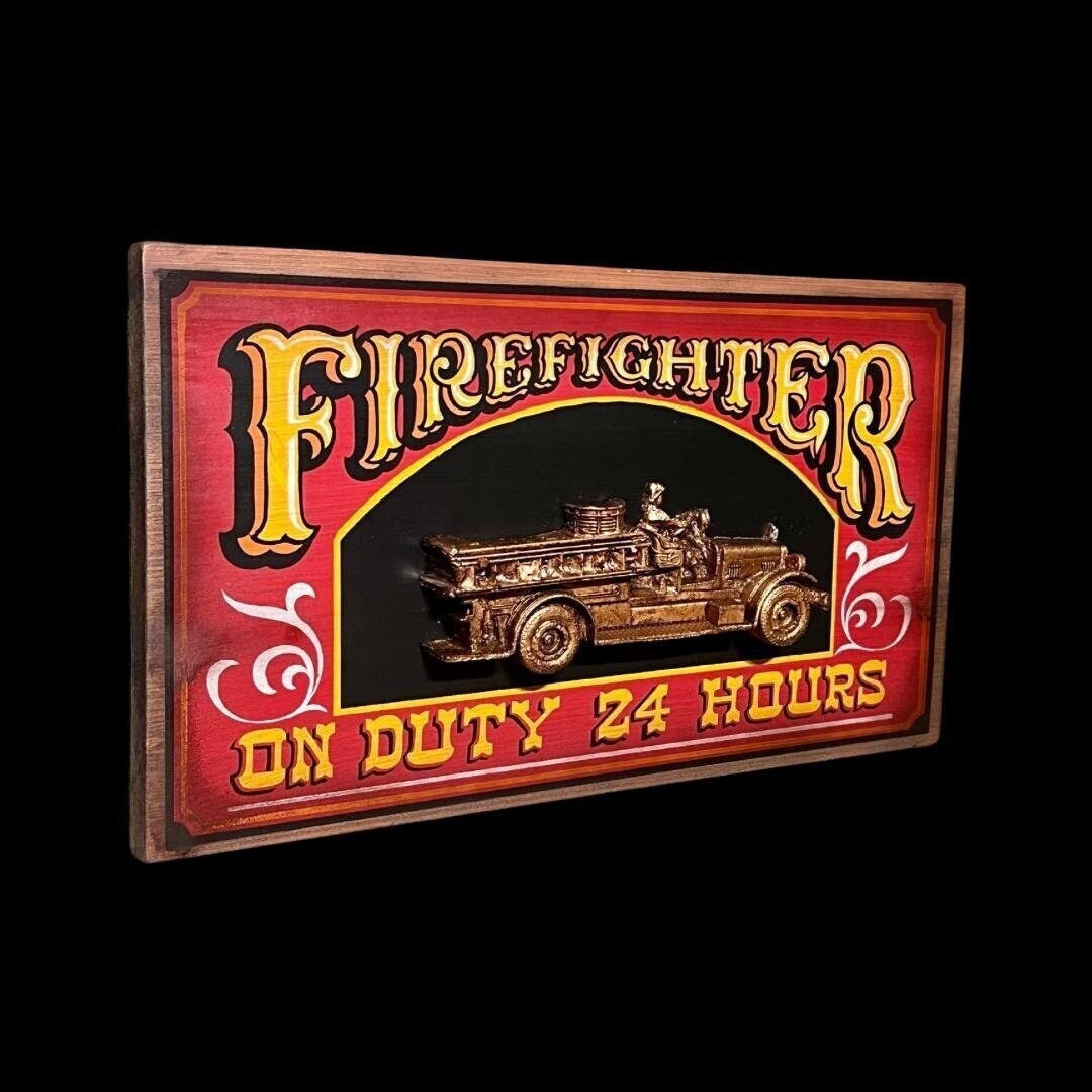 Vintage Firefighter Wall Art Wooden Sign, 16x9 Firefighter 3D Fire ...