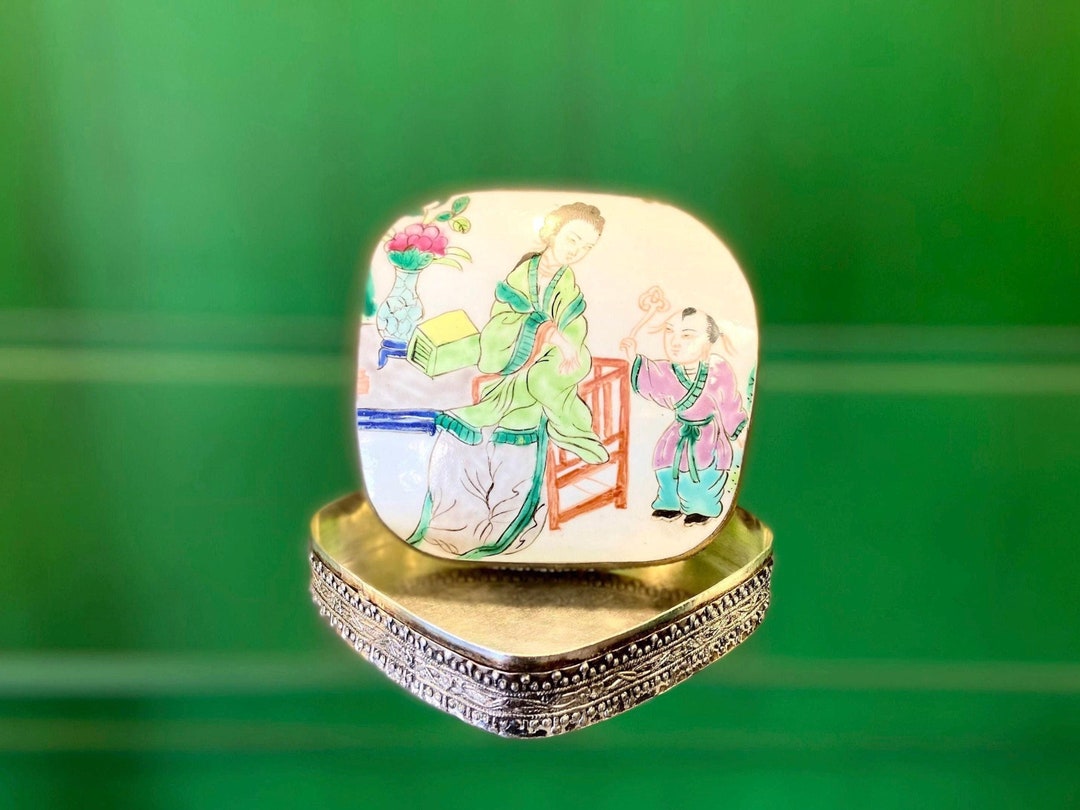 Antique Chinese Shard Porcelain Box, Vintage Chinese Nickel Silver Box ...