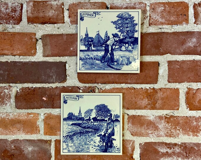2 Vintage Delft Blue Tiles, Dutch Ceramic Handmade Tiles, Schoonhoven ...