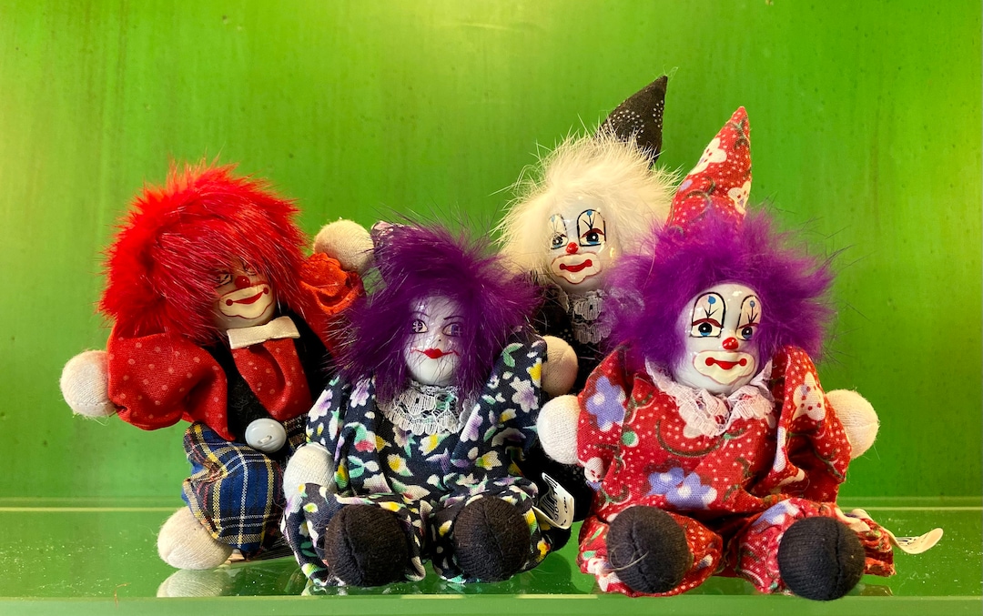 Set of 4 Vintage Porcelain Head Clowns, Miniature Clown, Hand Painted ...