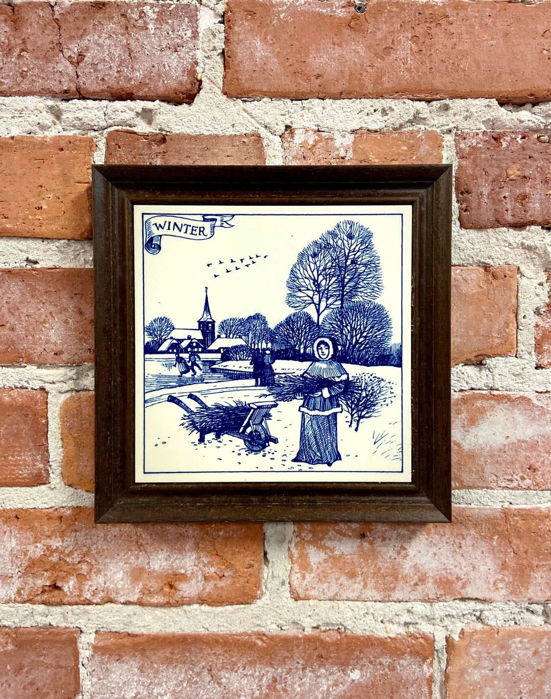 Vintage Delft Blue Tile: Handmade Dutch Winter Scene, Wood Frame - Etsy