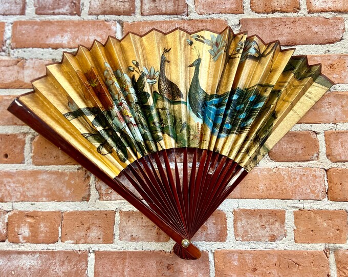 Vintage Asian Fan Art, Handcrafted Bamboo Folding Fan Wall Decor, Hand ...