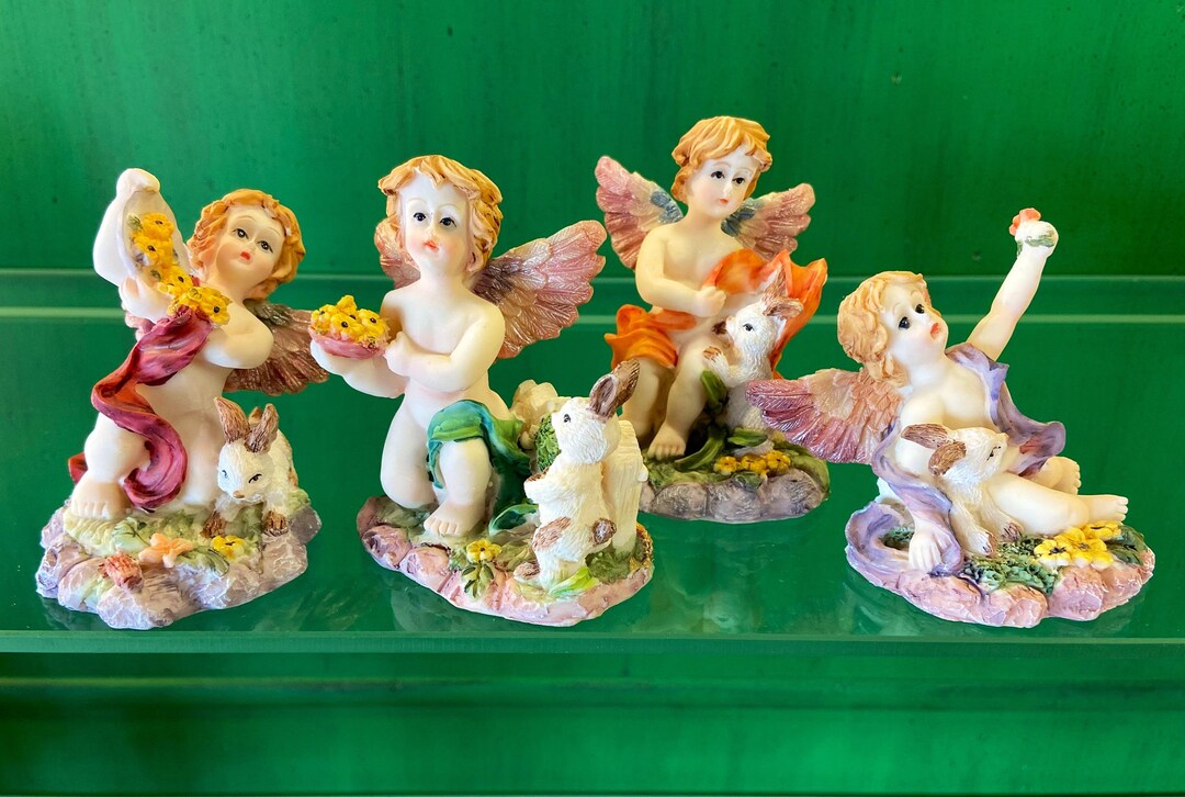 Vintage Set of 4 Angel and Bunny Figurines, Easter Spring Angel and ...