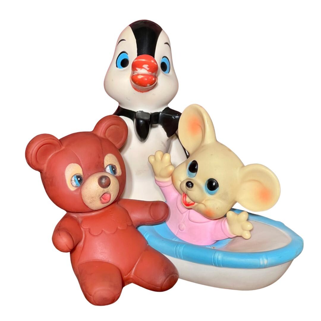 Vintage Squeaky Toy Animal Set: Nestor Penguin, Mouse, Teddy Bear - Etsy