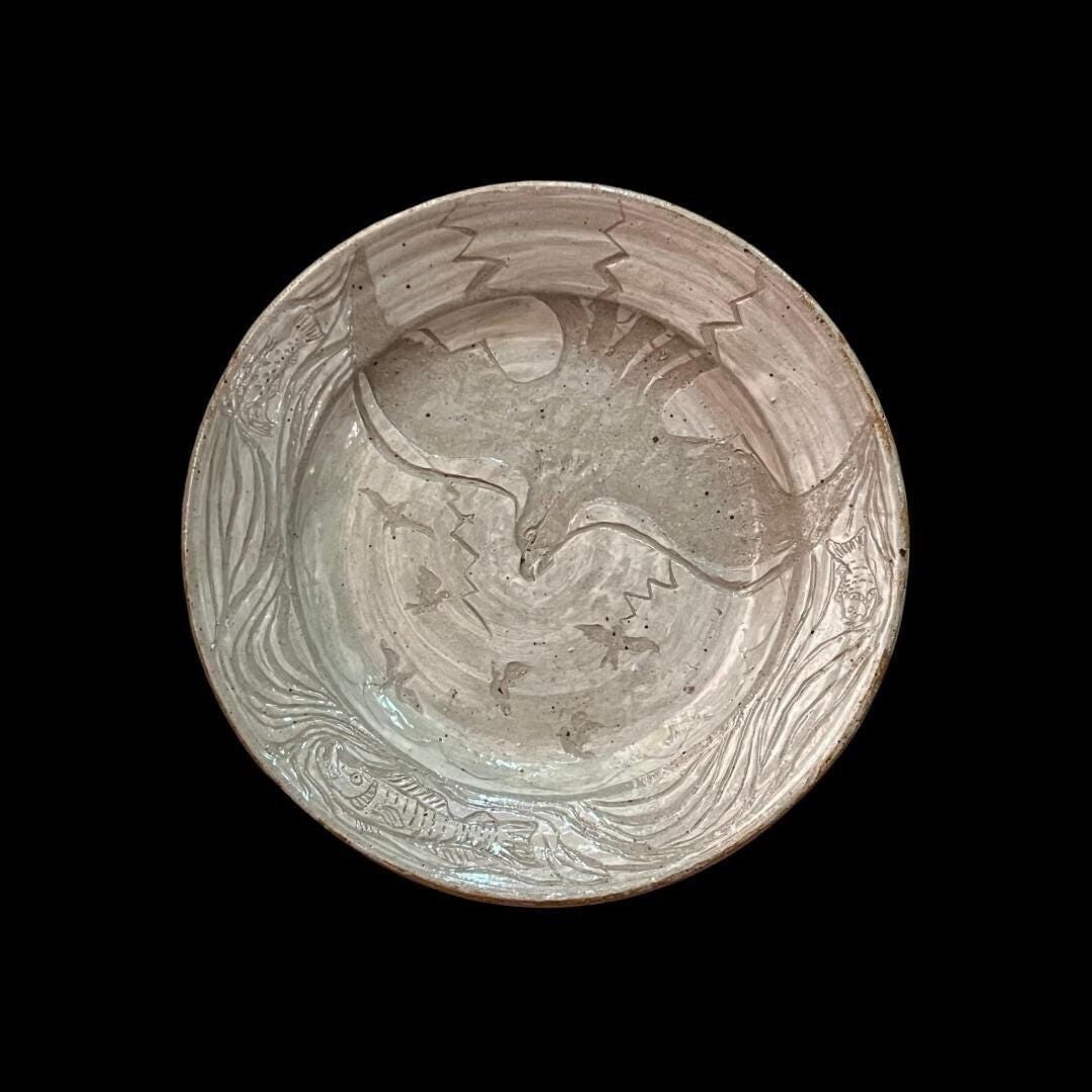 Antique Glazed Ceramic Koi Fish Plate, Handmade Asian Pottery Dish ...