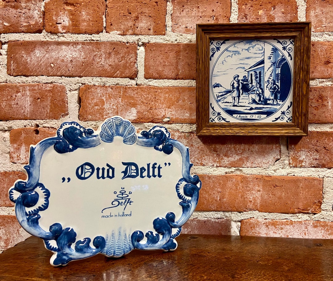 Vintage Delft Blue Tile, Vintage Wood Framed Delft Pottery Tile, Oud ...