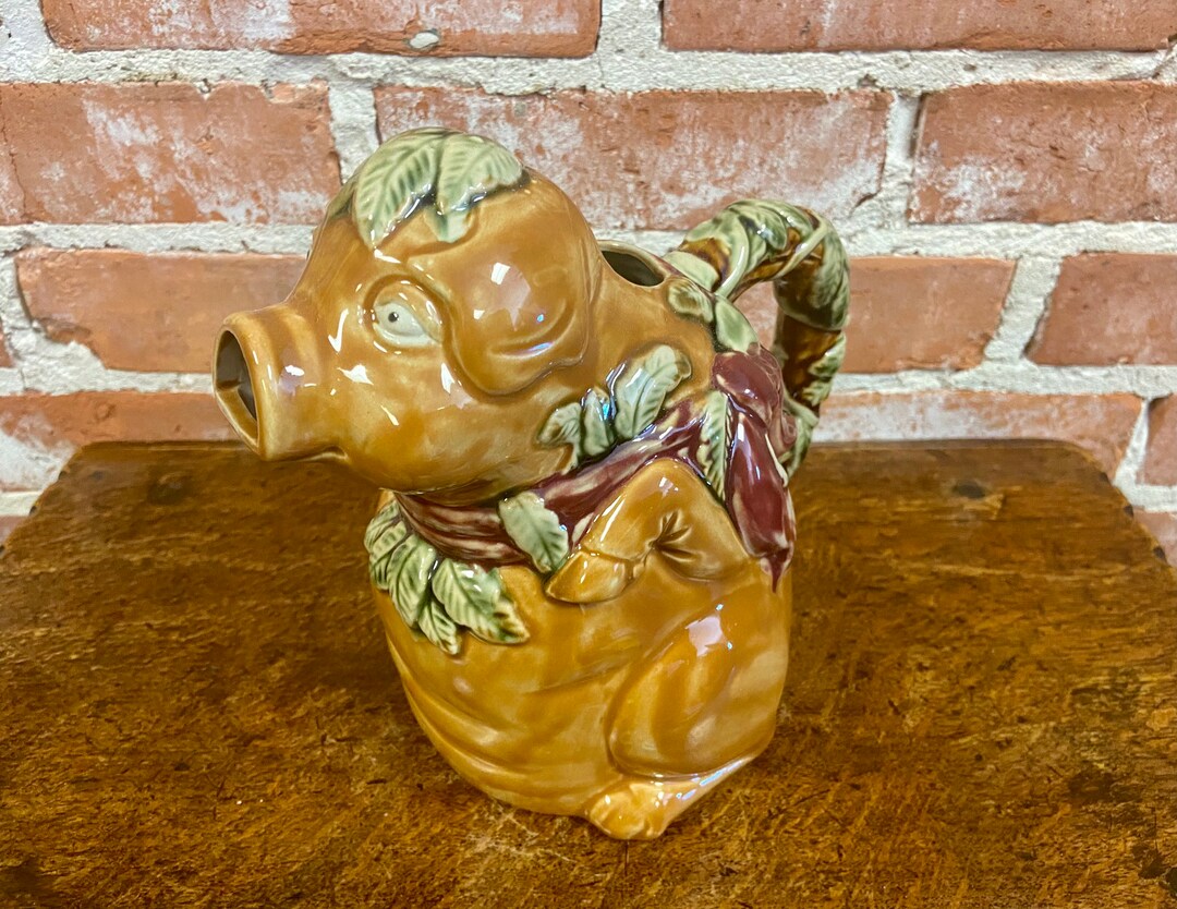 Vintage Majolica Style Pig Pitcher, Collectible Pig Figural Jug ...