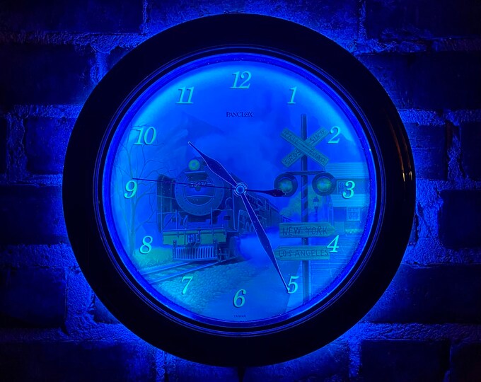Vintage Blue Cool Wall Clock, Train Clock, Neon Clock, Wall Clock Light ...