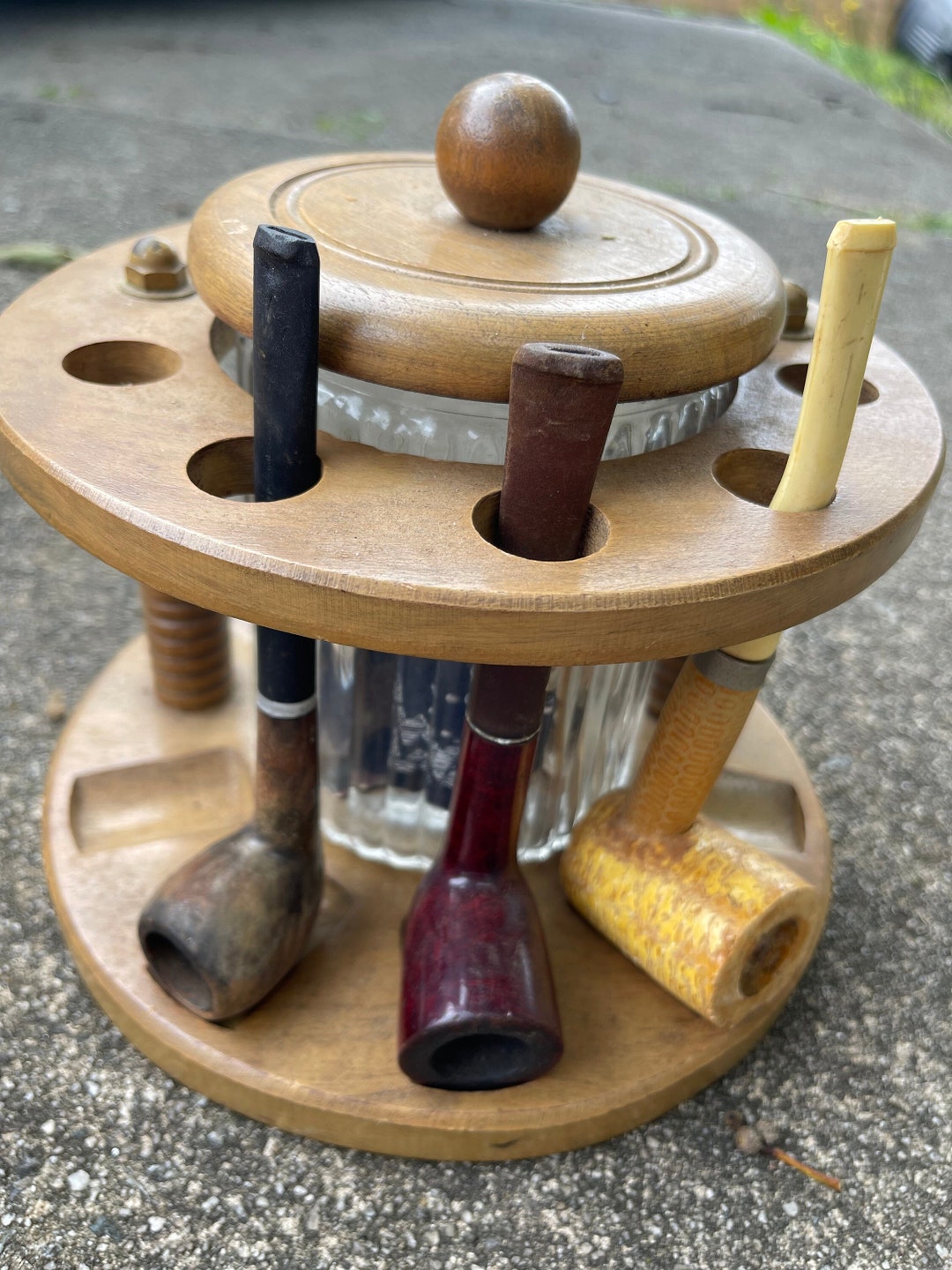 Vintage Wood Dun Rite Glass Pipe Tobacco Pipe Holder Decor Organizer ...