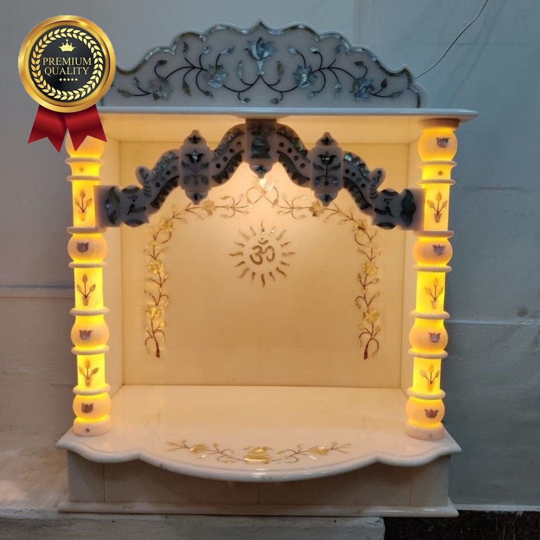 Small Size White Marble Temple With LED Lights in Pillars, Inlay ...