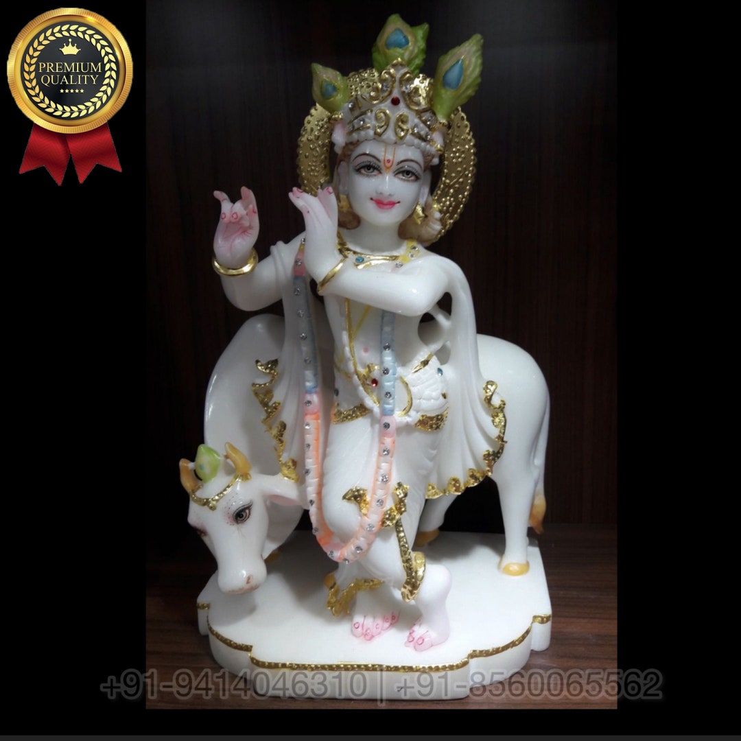 Krishna With Cow 12" Natural Marble Shree Krishna Statue, Hare Krishna ...