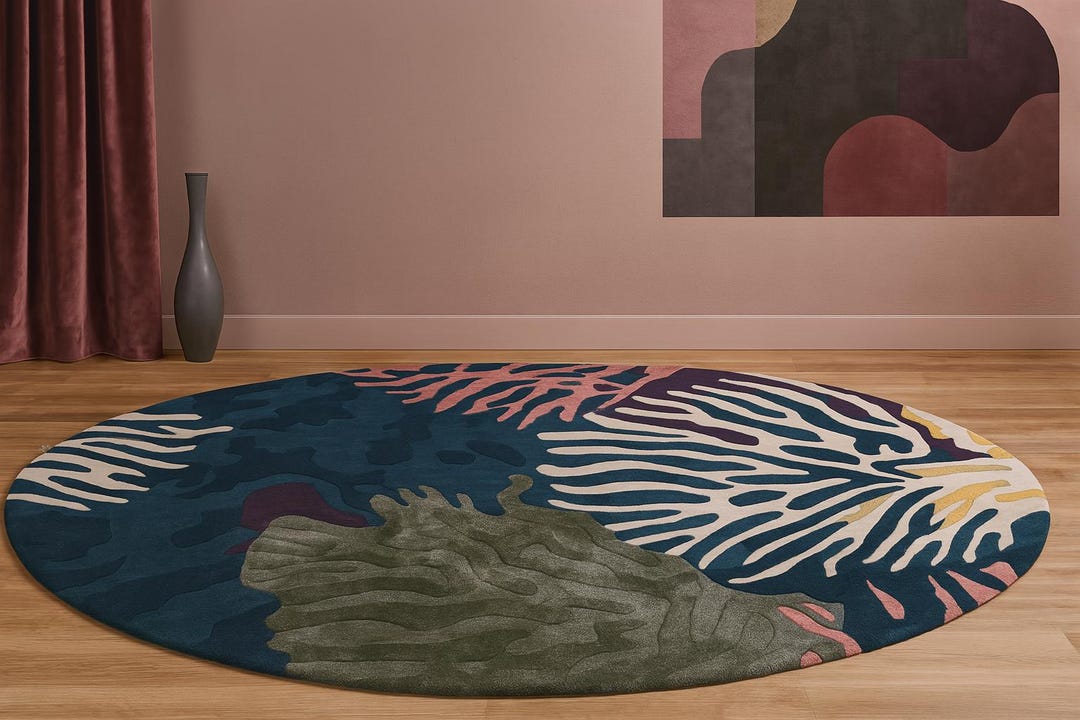 Textured Coral Reef Round Rug Hand Tufted Coastal Blue Area Rug With ...