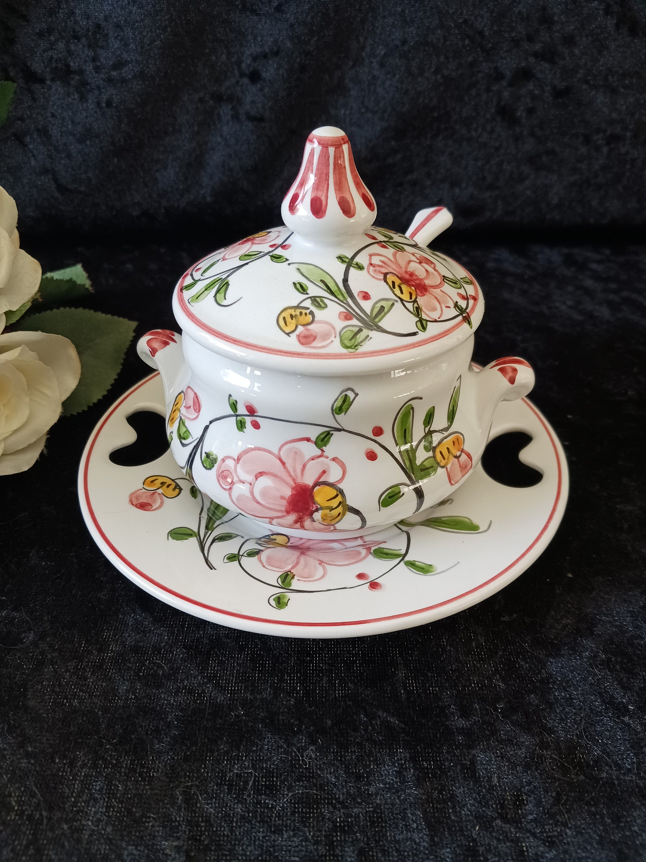Anfora Portugal Hand Painted Pottery Condiment Dish W/ Lid, Underplate ...