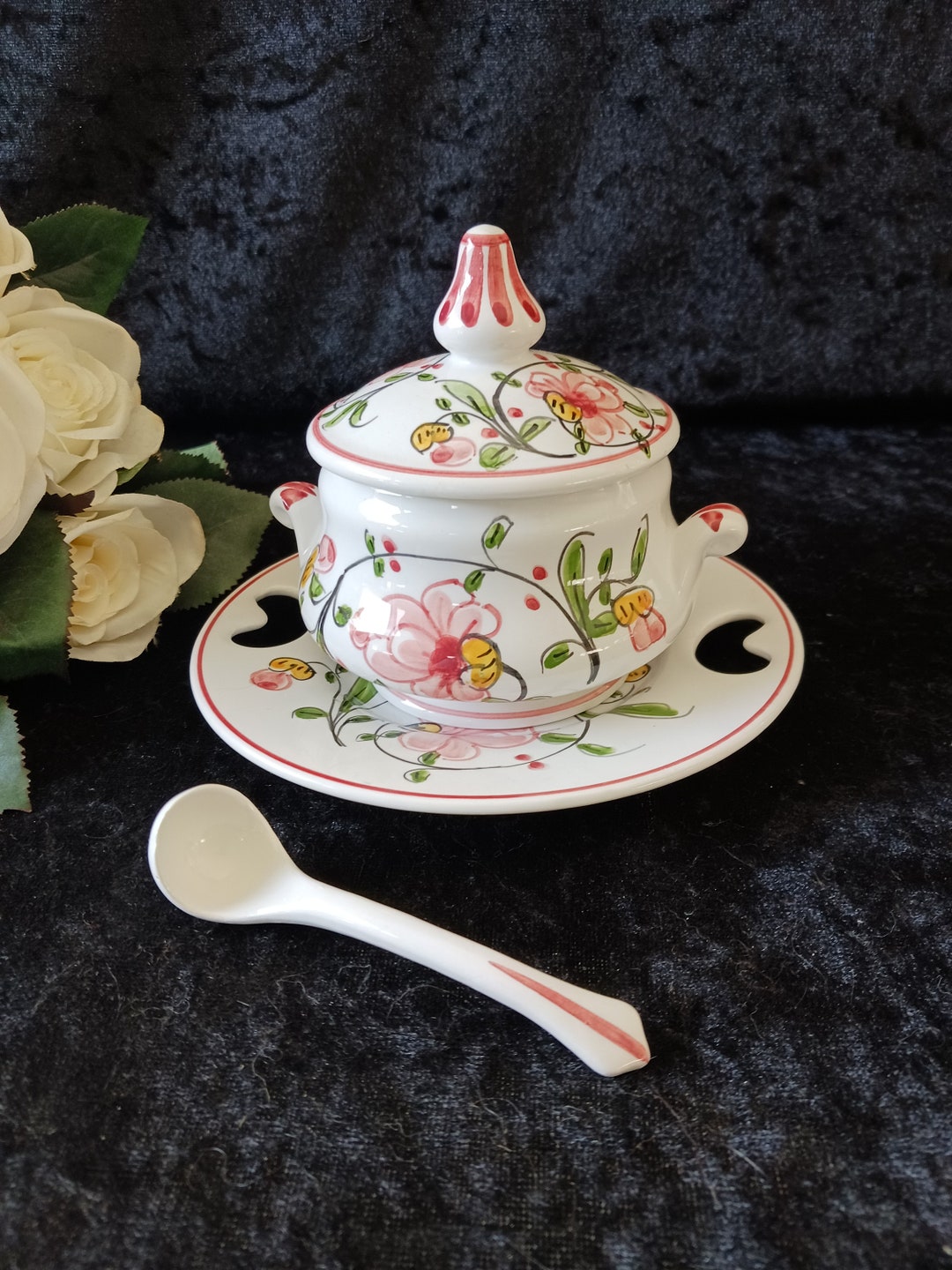 Anfora Portugal Hand Painted Pottery Condiment Dish W/ Lid, Underplate ...