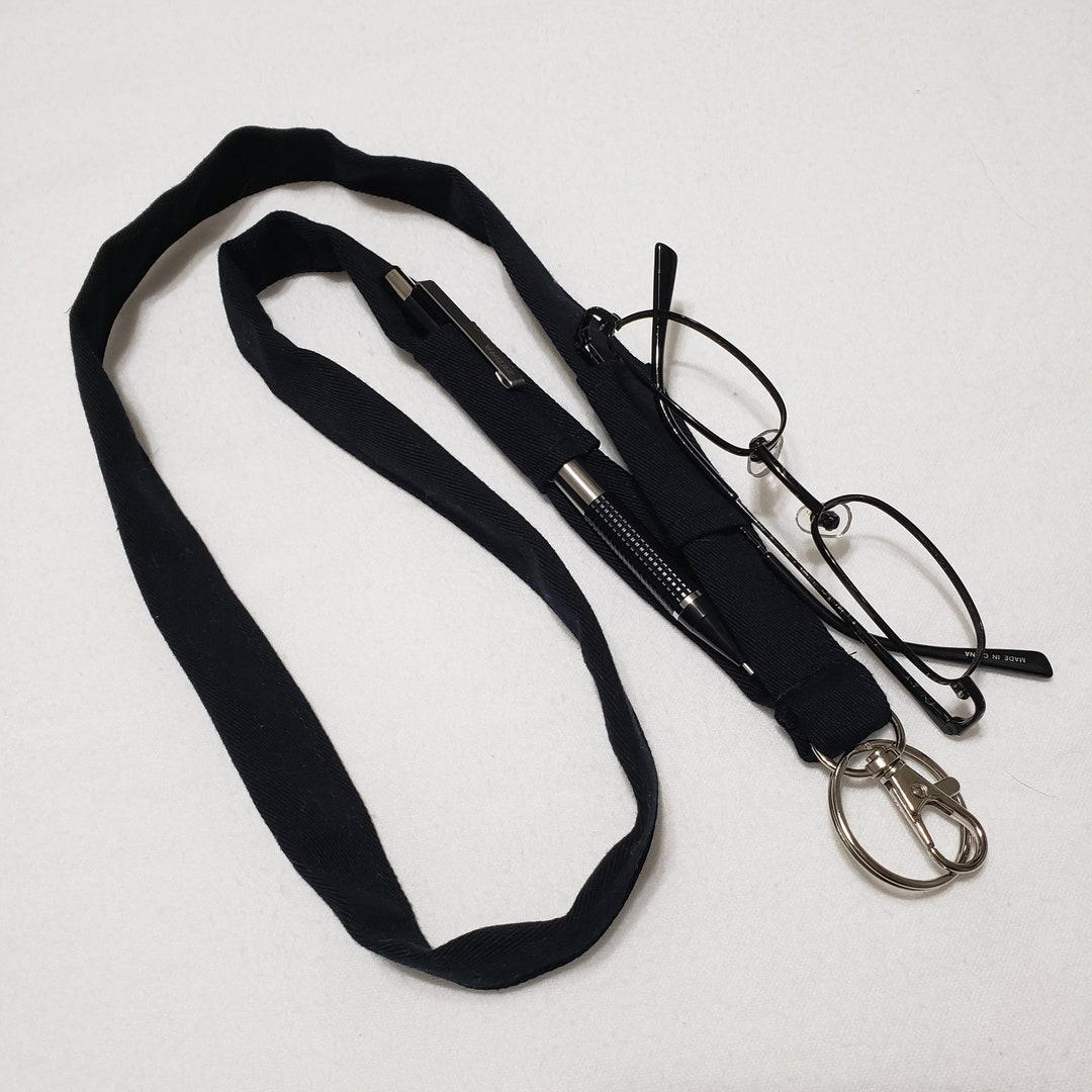 Black Lanyard: Cotton ID Badge & Key Holder With Pen/glasses Loop - Etsy