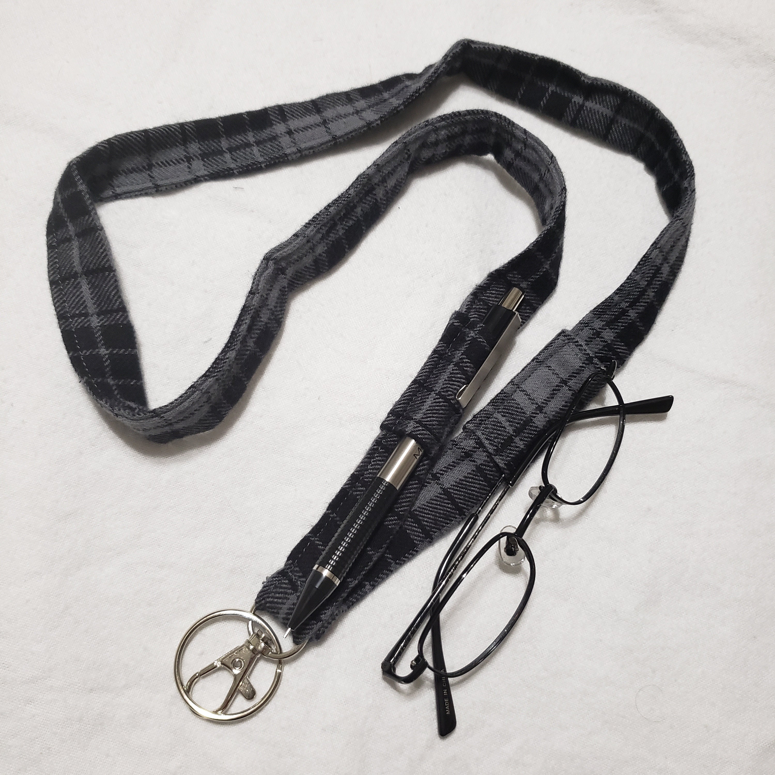 Gray Plaid Flannel Lanyard With Pen Loop, Glasses Loop, Badge and Key ...