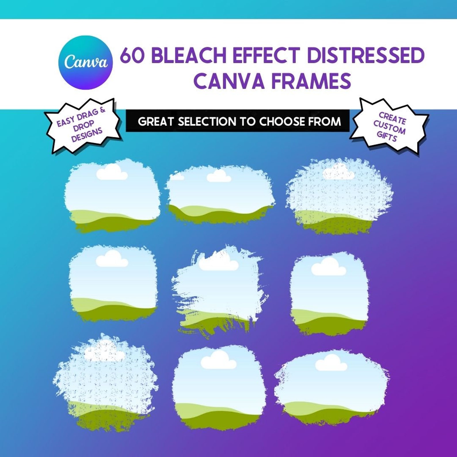 60 Distressed Canva Frames, Fillable Backgrounds, Drag and Drop Canva ...