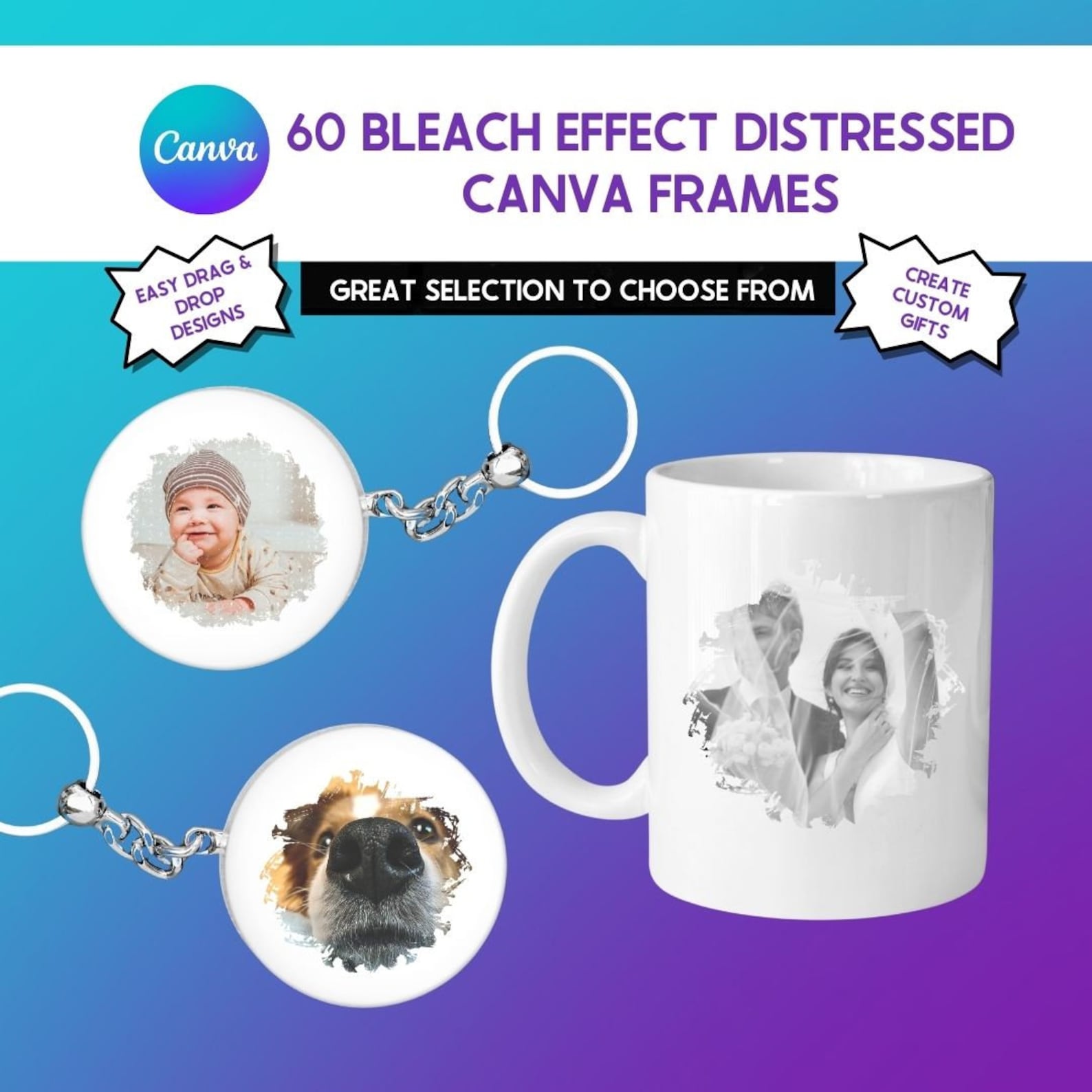 60 Distressed Canva Frames, Fillable Backgrounds, Drag and Drop Canva ...