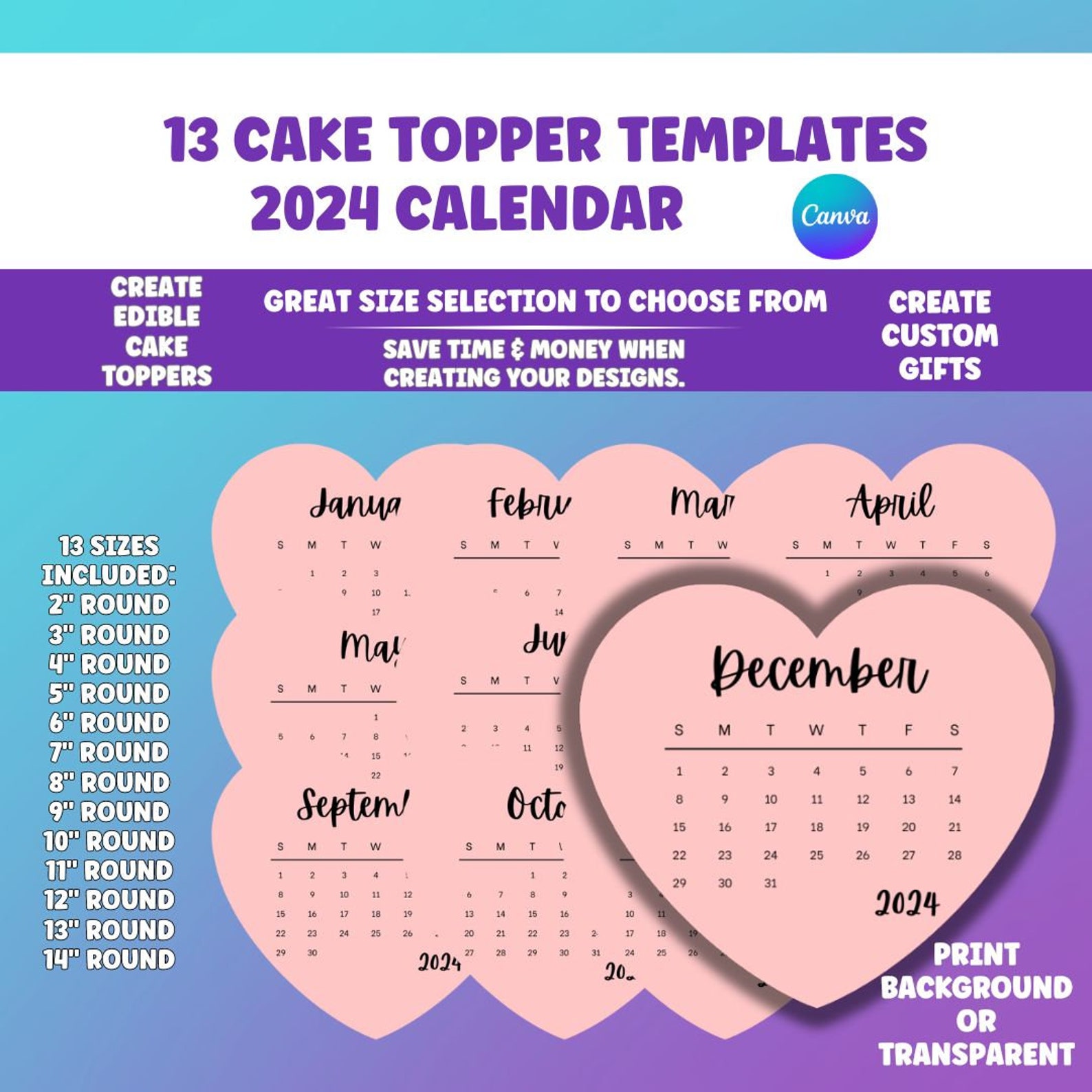 Cake Calendar, Burn Away Cake Topper Calendar Template,custom Heart ...