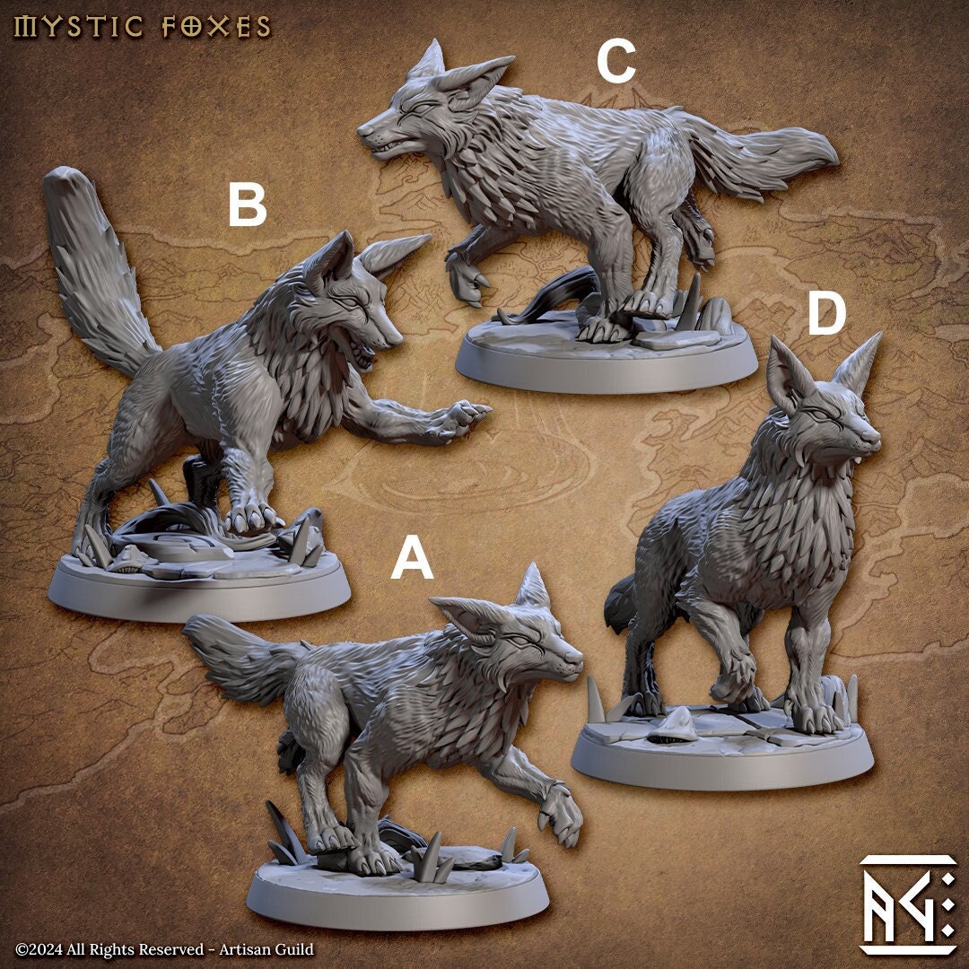 Mystic Foxes Fantasy Miniature Beast Mini Dungeons and Dragons Mini RPG ...