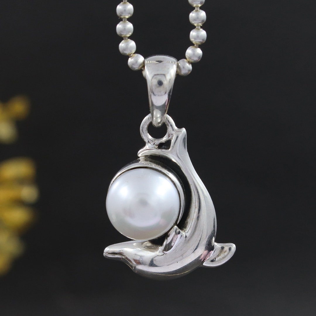 Natural Freshwater White Pearl Pendant, Dolphin Designer Silver Pendant ...