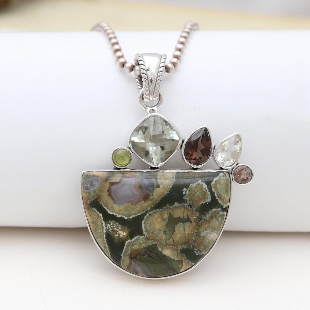 Natural Rainforest Jasper, Green Amethyst & Smoky Quartz Pendant 925 ...
