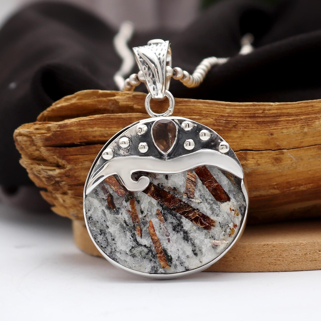 Round Astrophyllite and Smoky Quartz Pendant, 925 Sterling Silver ...