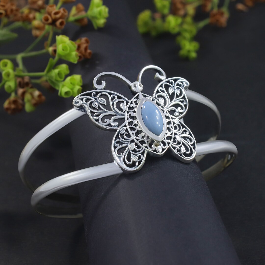 925 Sterling Silver Butterfly Designer Cuff Bangle, Blue Opal Gemstone ...