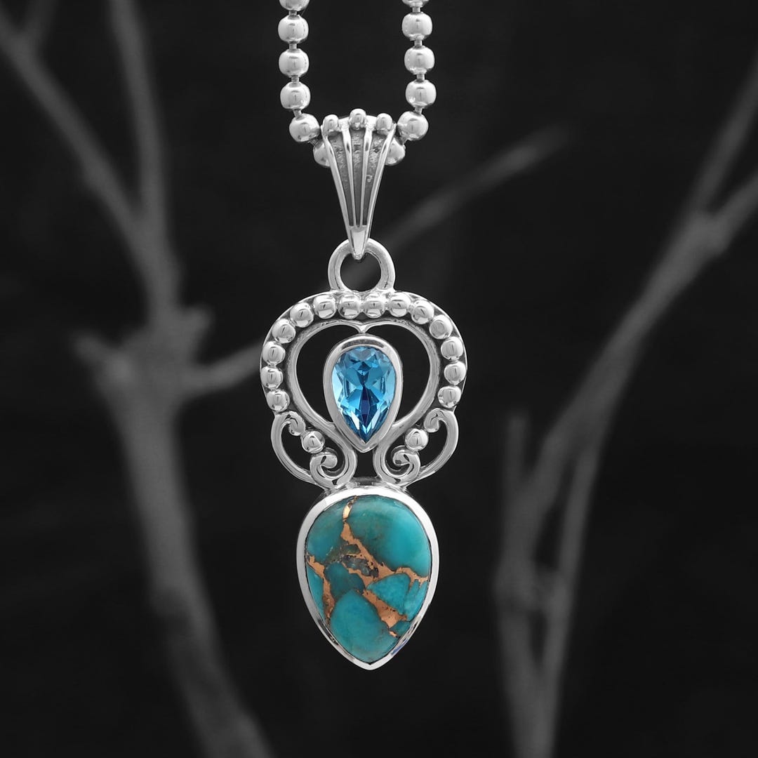 Blue Copper Turquoise & Blue Topaz Pendant, Handmade 925 Sterling ...