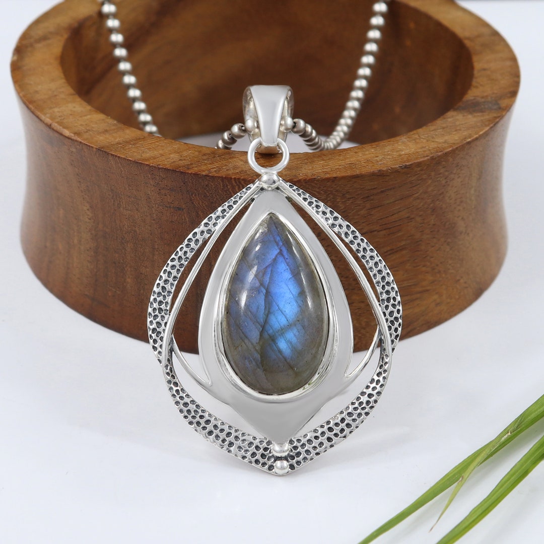 Natural Labradorite Gemstone Pendant Necklace 925 Sterling Silver ...