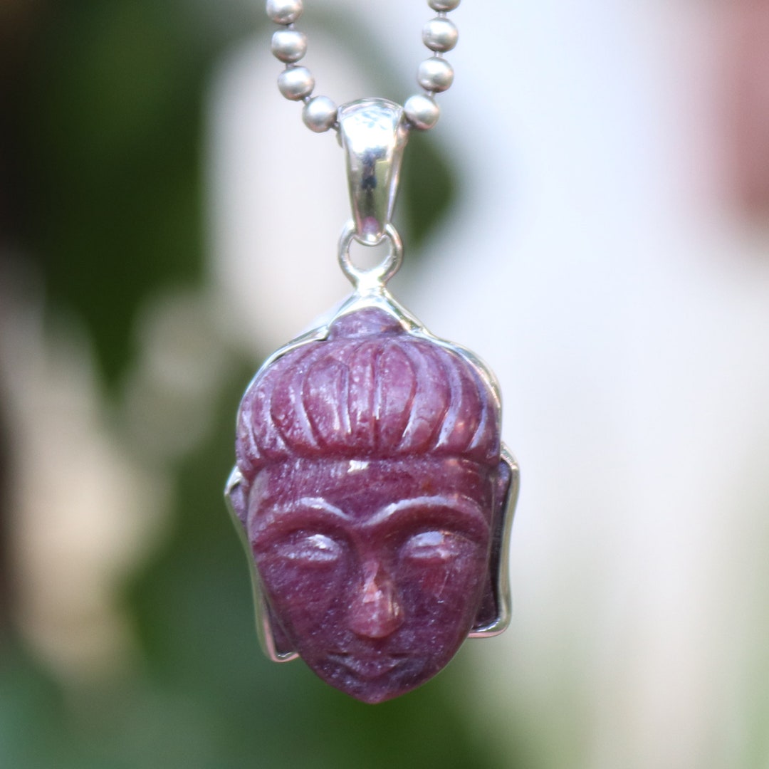 Hand-carved Ruby Buddha Face Pendant, 925 Sterling Silver Religious ...