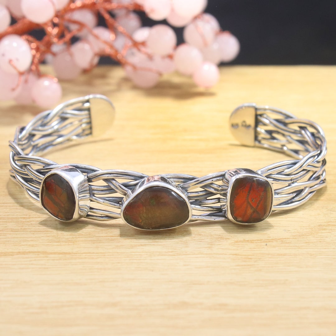 Natural Ammolite Cuff Bracelet, 925 Sterling Silver Bracelet, Gemstone ...
