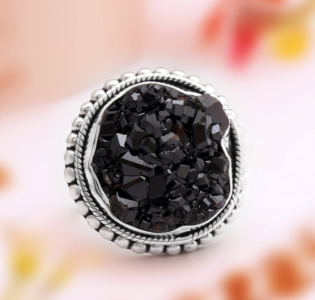 Raw Black Garnet Gemstone Ring 925 Sterling Silver Ring Boho Designer ...