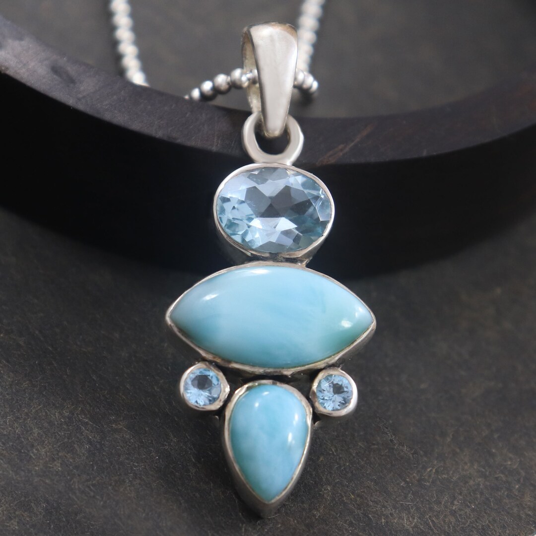 Natural Larimar Gemstone Unique Designer Sterling Silver Pendant ...