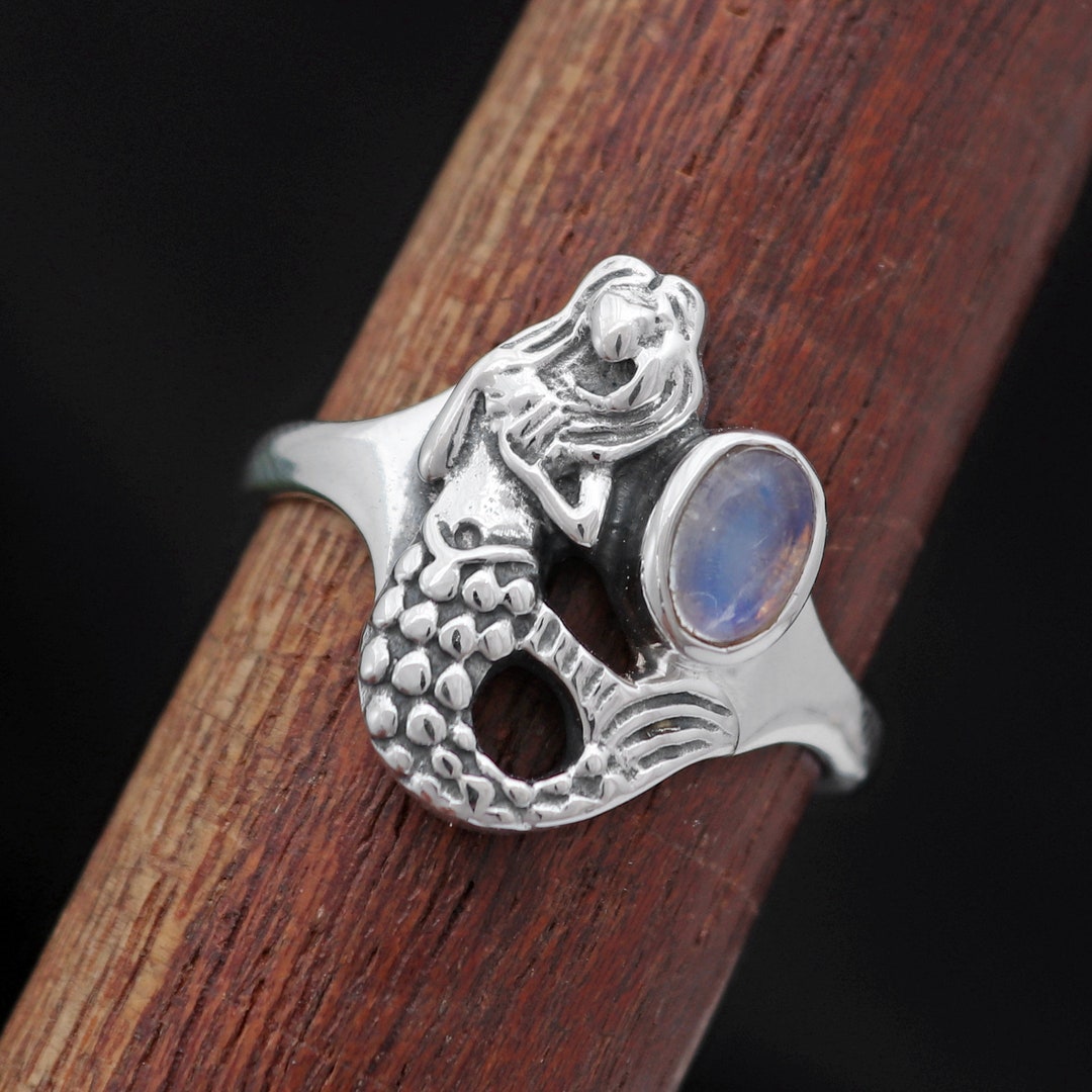 Rainbow Moonstone Silver Mermaid Ring, 925 Sterling Silver Ring ...