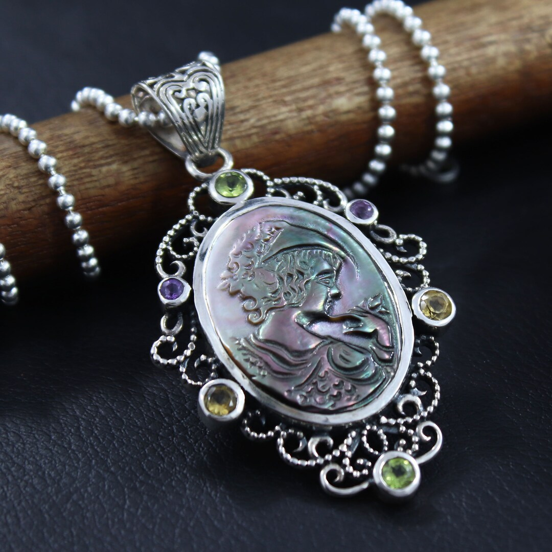 Multi Gemstone Natural Abalone Shell Carving Pendant Lady Face - Etsy