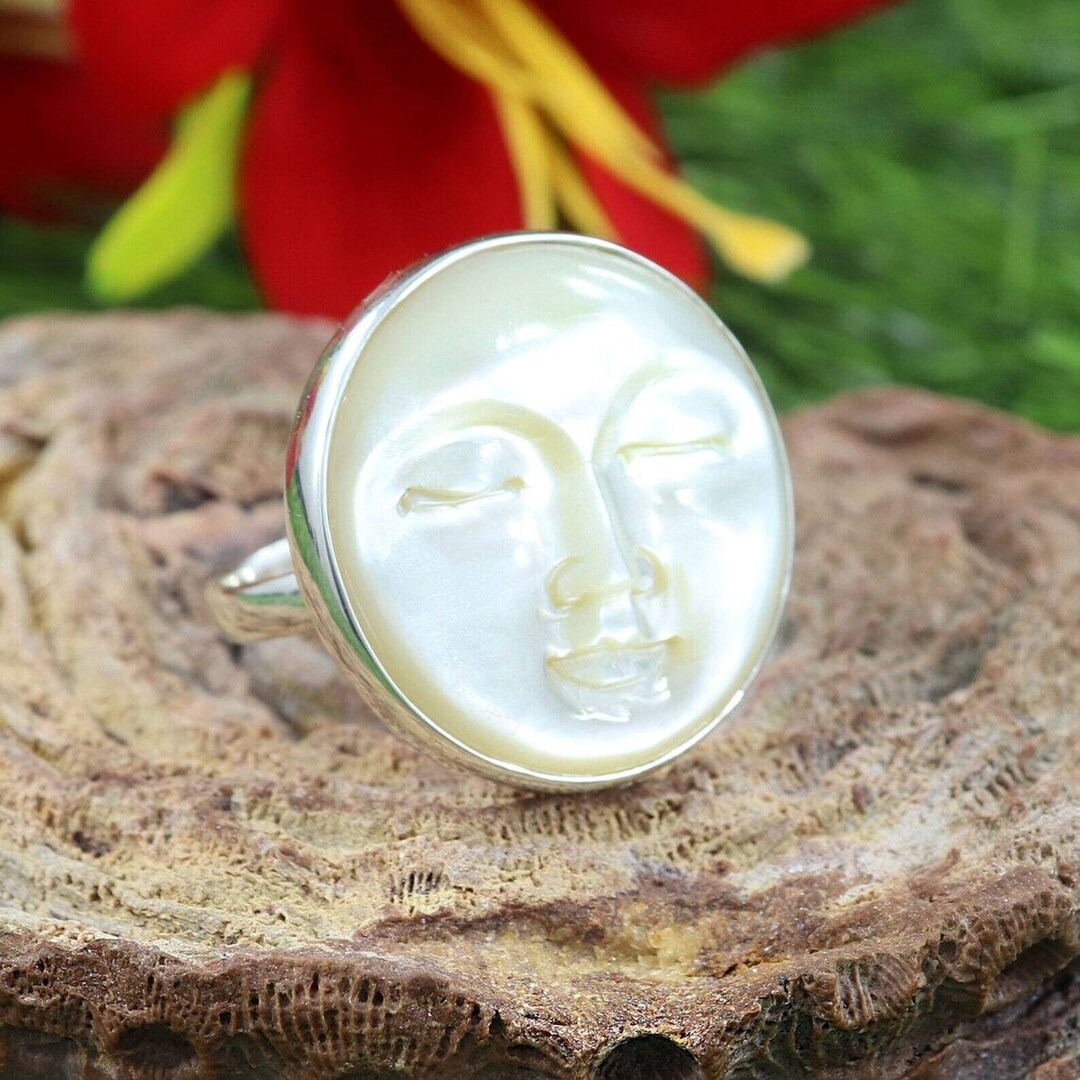 White Pearl Moon Face Silver Ring, Smile Moon Face Ring, Goddess ...