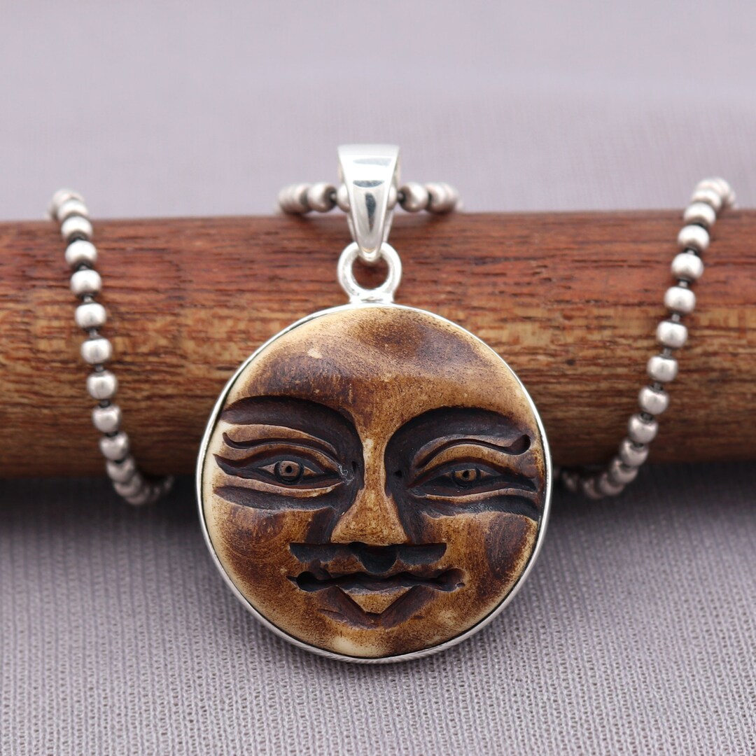 Hand-carved Sun Face Pendant, Bone 925 Sterling Silver Necklace ...
