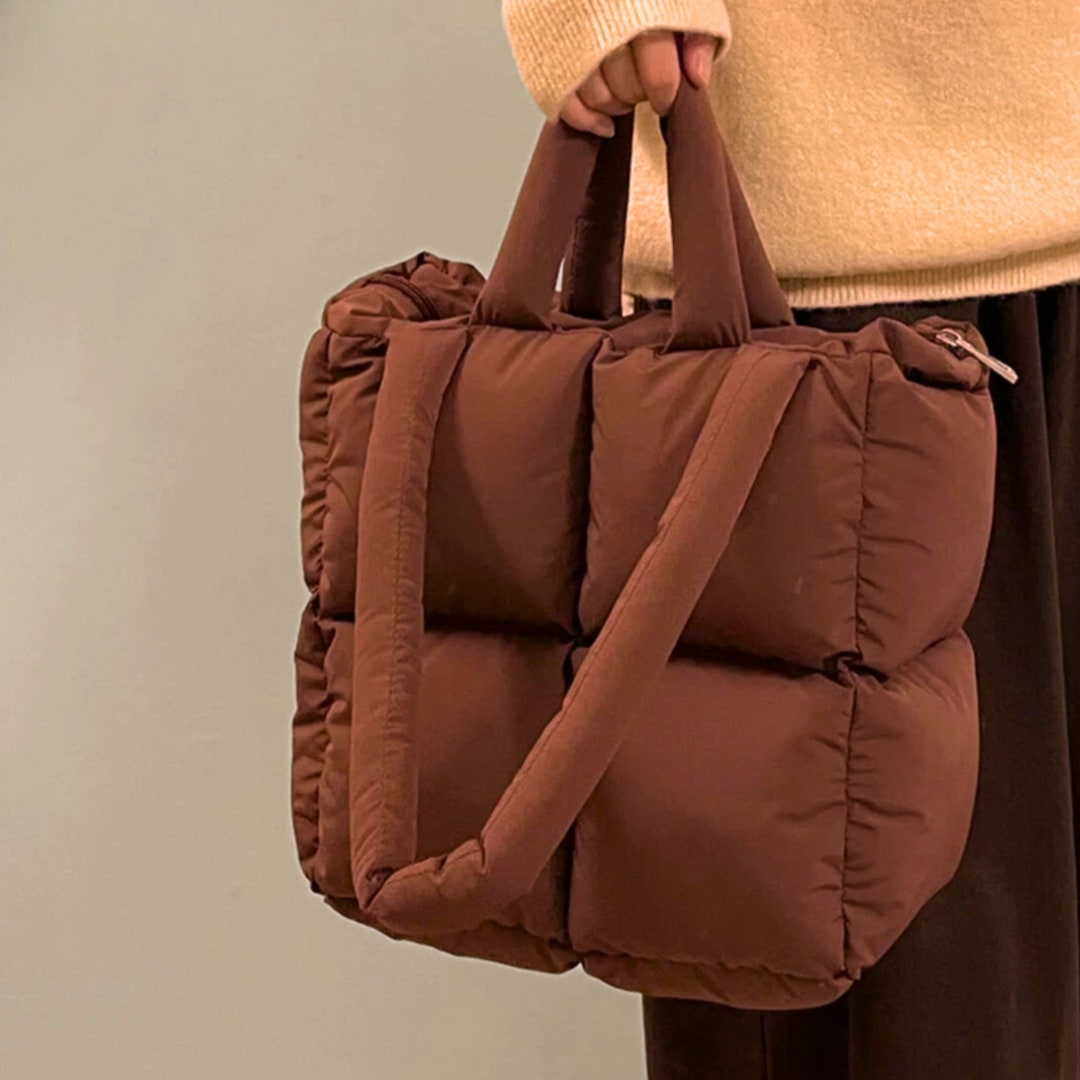 Brown Puffer Bag Rust Quilted Tote Bag Puff Shoulder Pillow Down Padded ...