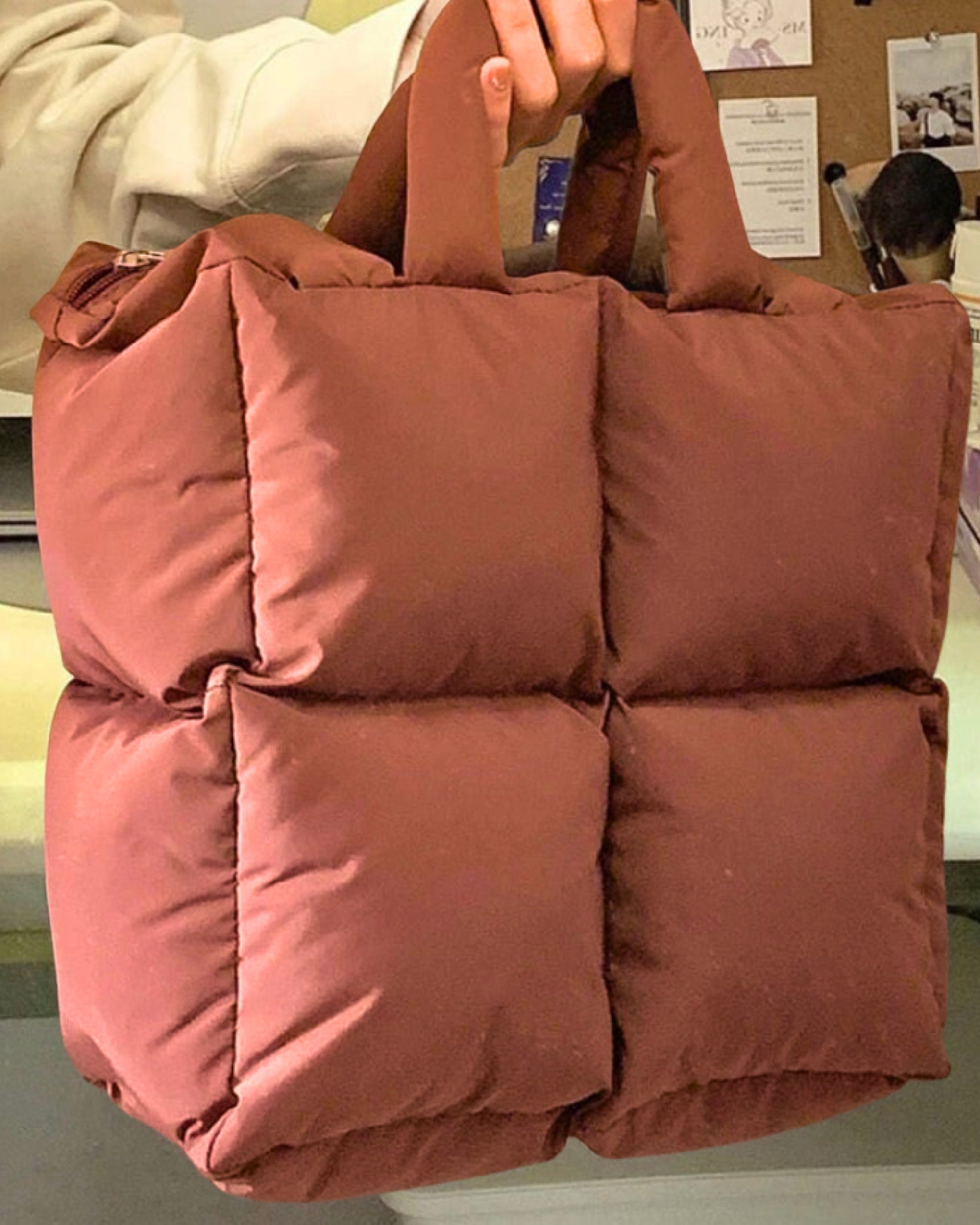Brown Puffer Bag Rust Quilted Tote Bag Puff Shoulder Pillow Down Padded ...