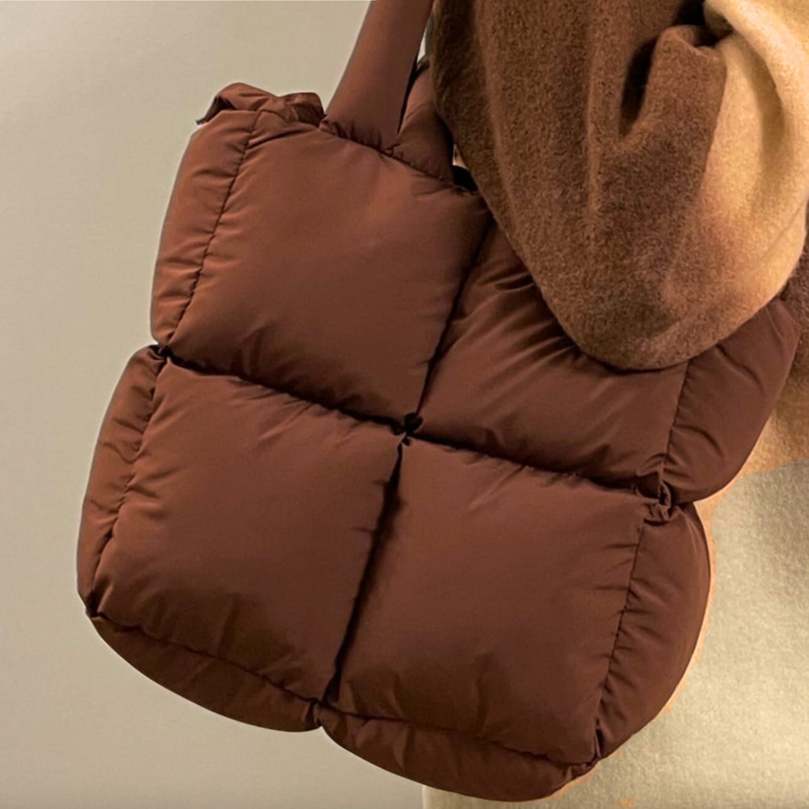 Brown Puffer Bag Rust Quilted Tote Bag Puff Shoulder Pillow Down Padded ...