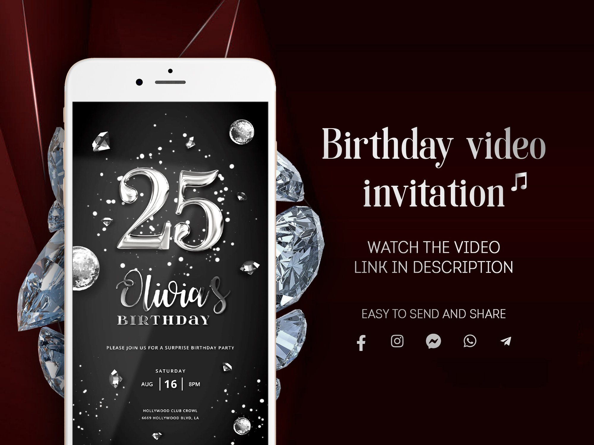 Dazzling BIRTHDAY VIDEO INVITATION With Silver & Diamonds. Glamorous ...